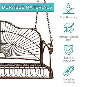 Best Choice Products Hanging Iron Porch Swing Bench Outdoor Patio Furniture for Garden, Deck w/Armrests, Mounting Chains