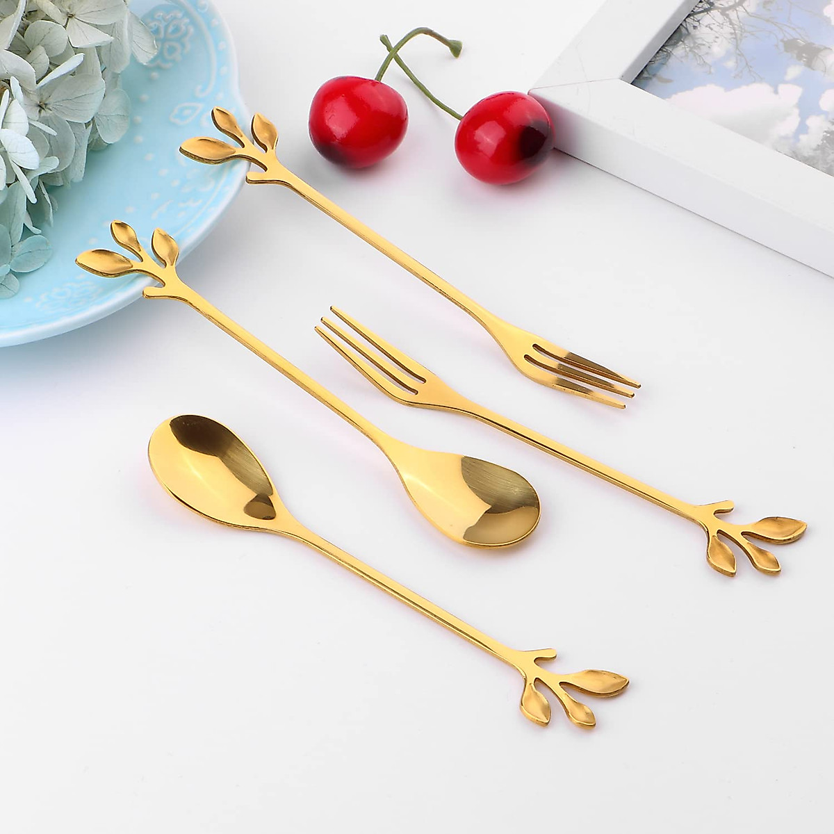 12pcs Stainless Steel Gold Leaf Coffee Spoon and Cake Fruit Forks Kitchen Accessory Wedding Party for Dessert, Salad, Appetizer, Spoon and Fork Set(6 Forks + 6 Spoons) (Gold)