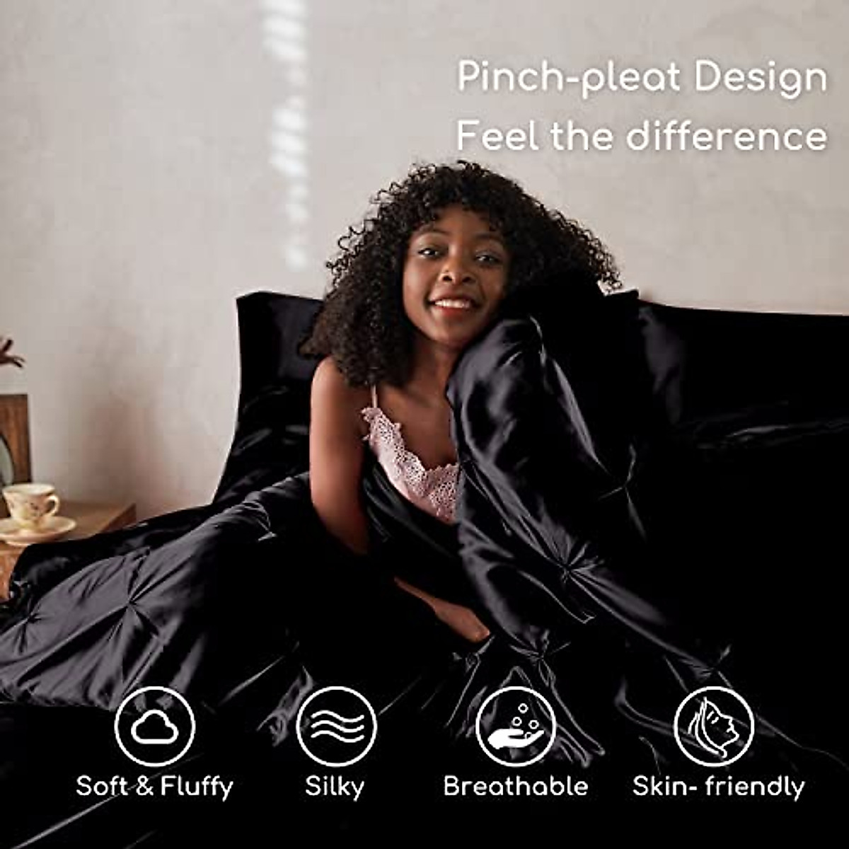 MR&HM Satin Comforter Queen 8 Pieces - Luxurious Pinch Pleat Bedding Set with Comforter, Sheets, Bed Skirt, Pillowcases & Shams, Super Silky Soft Bed Set for All Season (Queen, Black)