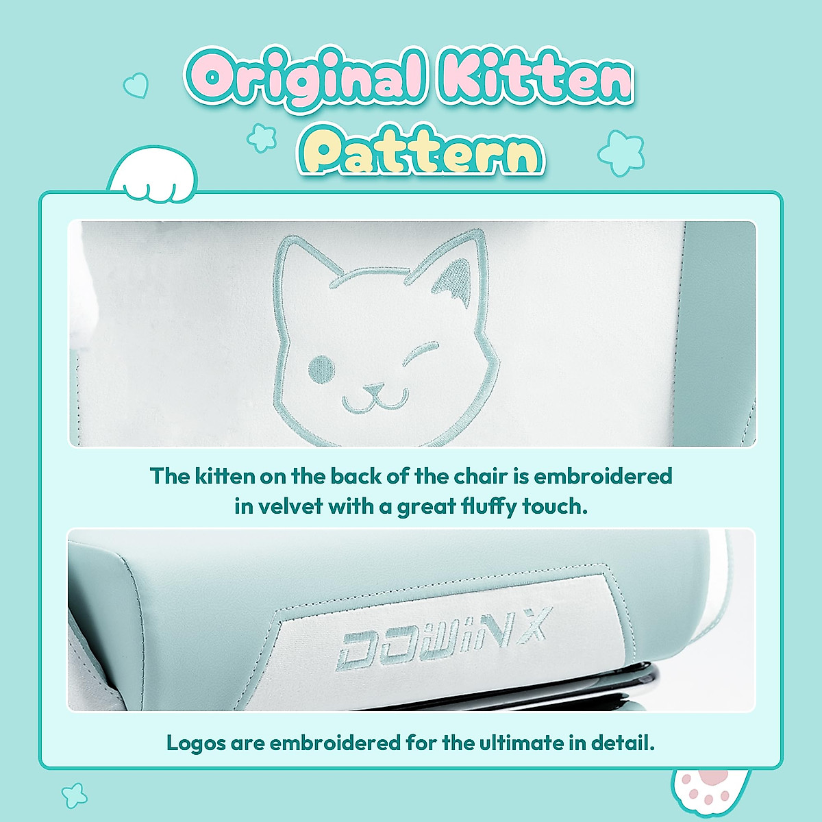 Dowinx Gaming Chair Cute with Cat Ears and Massage Lumbar Support, Ergonomic Computer Chair for Girl with Footrest and Headrest, Comfortable Reclining Game Chair 290lbs for Adult, Teen, Blue Green