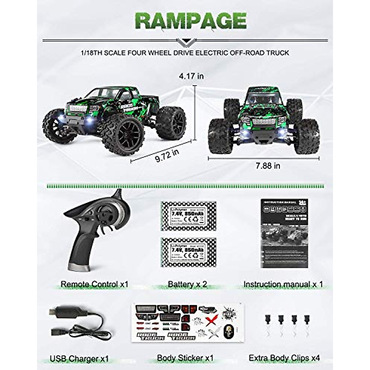HAIBOXING 1:18 Scale All Terrain RC Car 18859E, 36 KPH High Speed 4WD Electric Vehicle with 2.4 GHz Remote Control, 4X4 Waterproof Off-Road Truck with Two Rechargeable Batteries