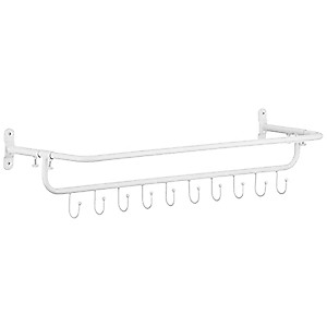 mDesign Metal Wall Mount Equipment Storage Rack and Organizer for Garage Organization; 10 Heavy Duty Accessory Hooks, Overhead Storage Space; Holds Sports Equipment; Garden and Lawn Tools - White