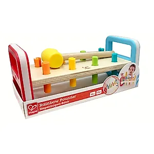 Hape Rainbow Pounder| Pounding Bench Wooden Toy with Hammer Blue, Red, Orange, Green, Yellow, Wood, L: 9.1, W: 4, H: 4.2 inch