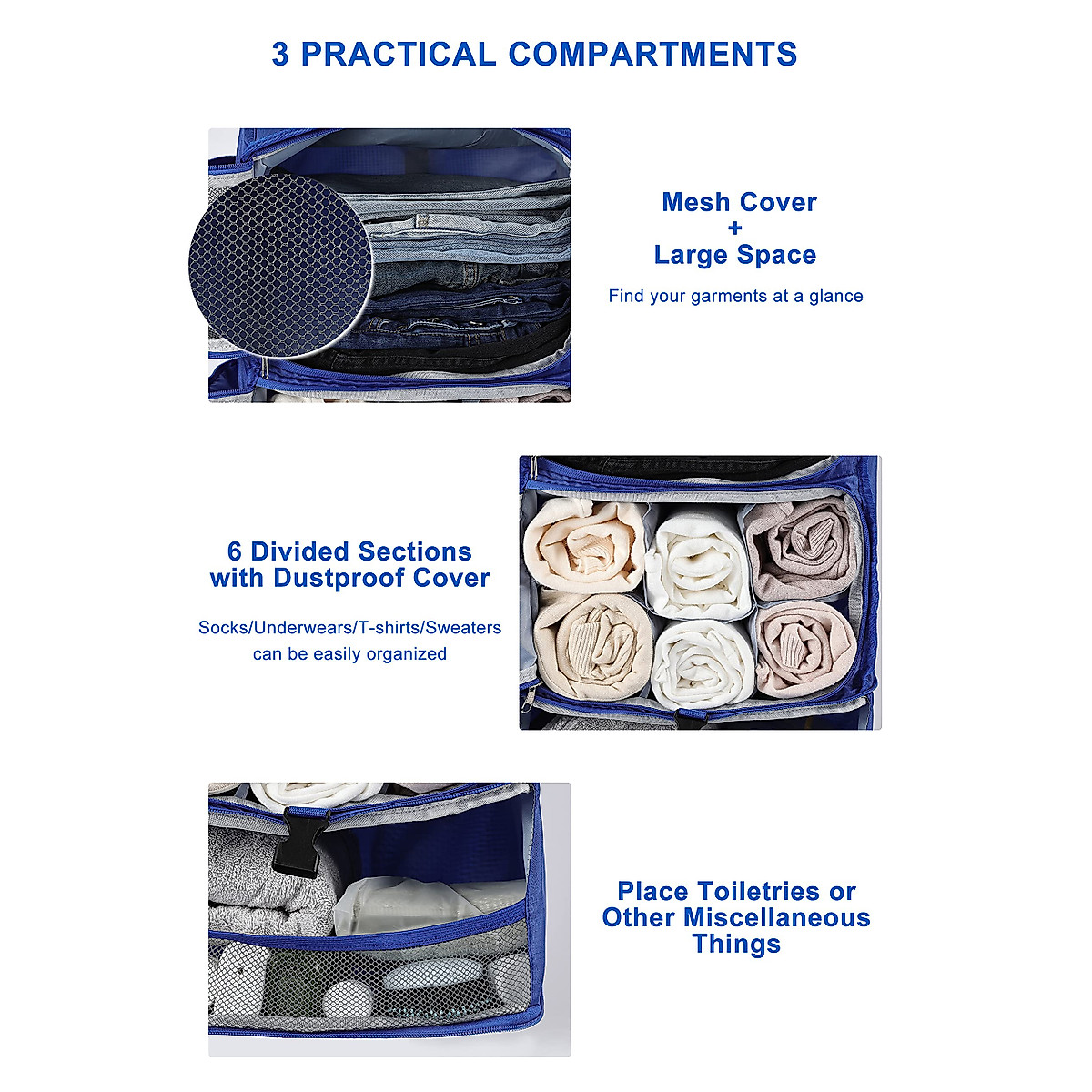 ELEZAY Hanging Packing Cubes Transformable Garment Closet Organizers Storage for Suitcases Carry on Luggage Compression Travel Bag with Shelves for Hotel Wardrobe Camper Accessories X-Large, Blue