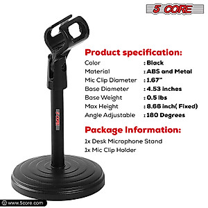 5 Core Desk Microphone Stand • Angle Adjustable Desktop Mic Stand • Table Mic Holder with Universal Mic Clip MS RBS