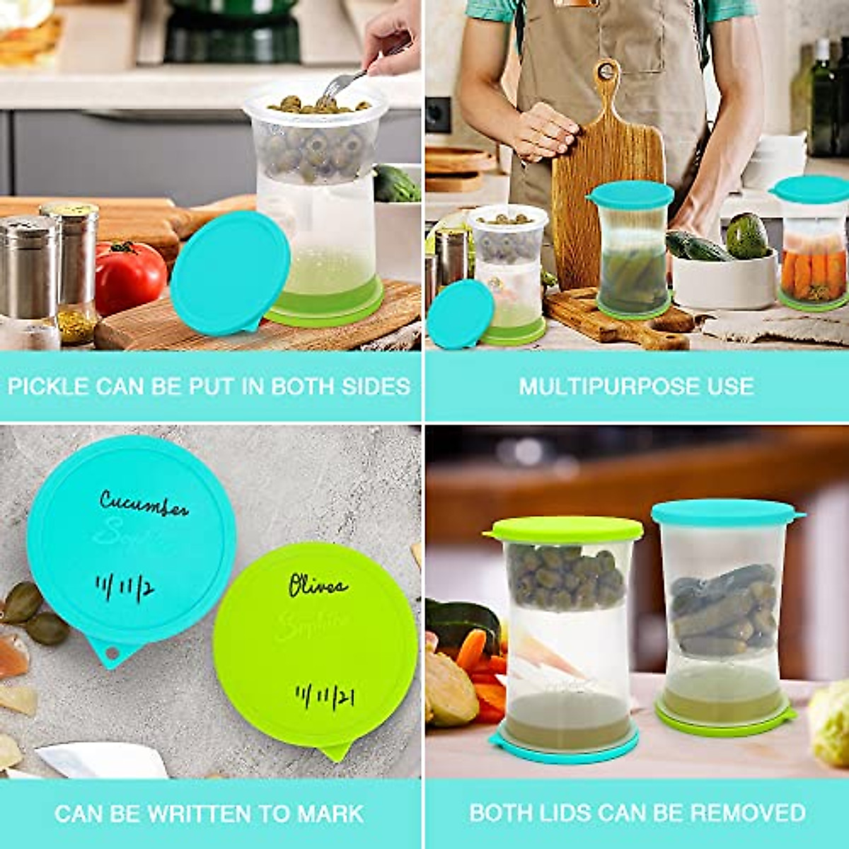 SOPHICO Pickle and Olives Jar Container with Strainer, 56oz Leak-proof Juice Separator Sieve Food Saver Storage Containers (Large Size)