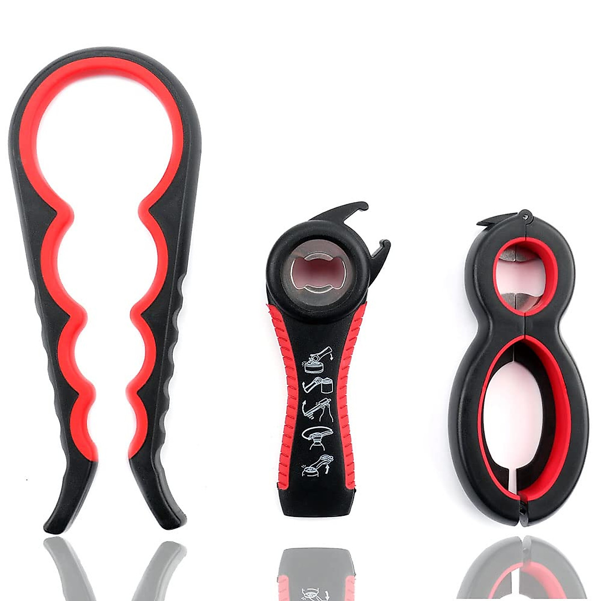 3 Pack Jar Opener, Multi Function 4&5&6 in 1 Bottle Opener (Red & Black)
