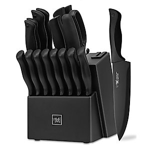 Knife Sets for Kitchen with Block, HUNTER.DUAL 19 Pcs Kitchen Knife Set with Block Self Sharpening, Dishwasher Safe, Anti-slip Handle, Black
