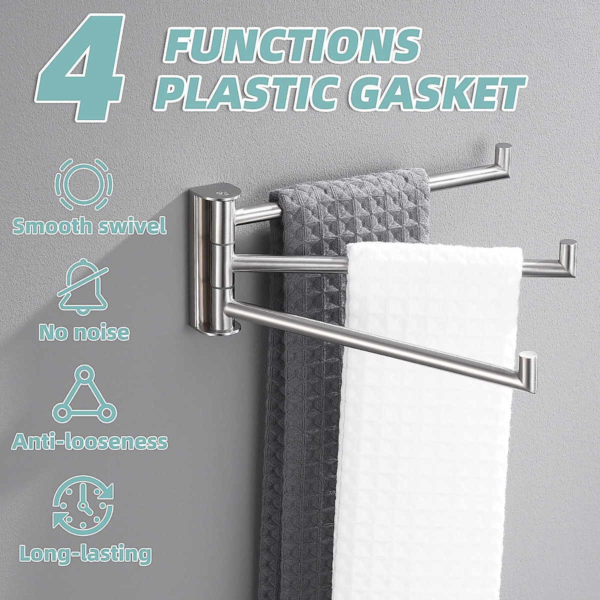 APLusee Brushed Nickel Swivel Towel Rack, 304 Stainless Steel Foldable Towel Bar with Three Swing Arm, Wall Mounted