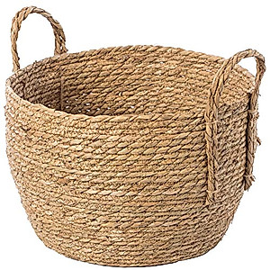 Vintiquewise Decorative Round Wicker Woven Rope Storage Blanket Basket with Braided Handles - Medium