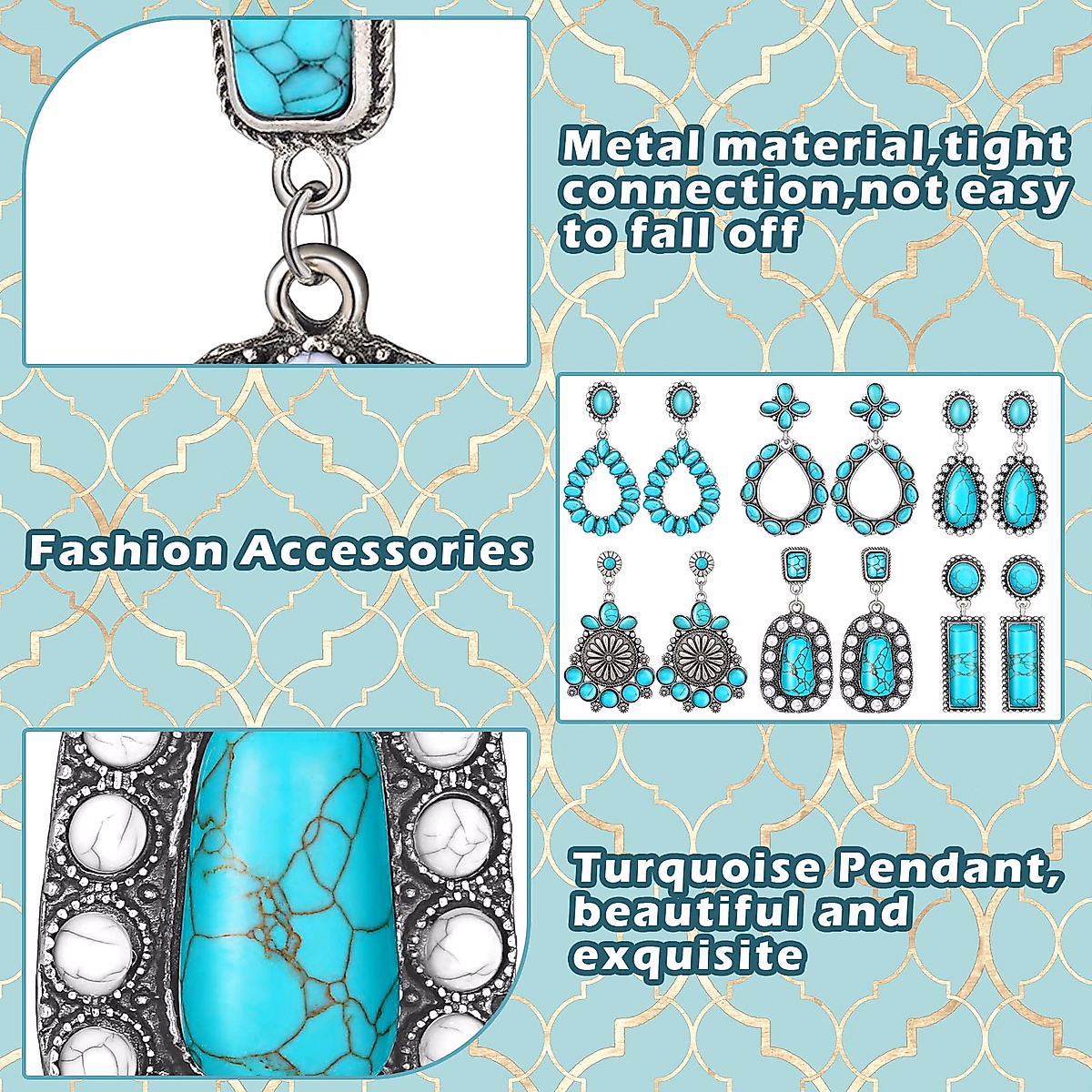 BBTO 6 Pairs Turquoise Oval Earrings Turquoise Bohemian Dangle Boho Cowboy Leather Vintage Earrings Leather Wood Teardrop Earrings Aztec Pattern Turquoise Earrings for Halloween Women(Classic)