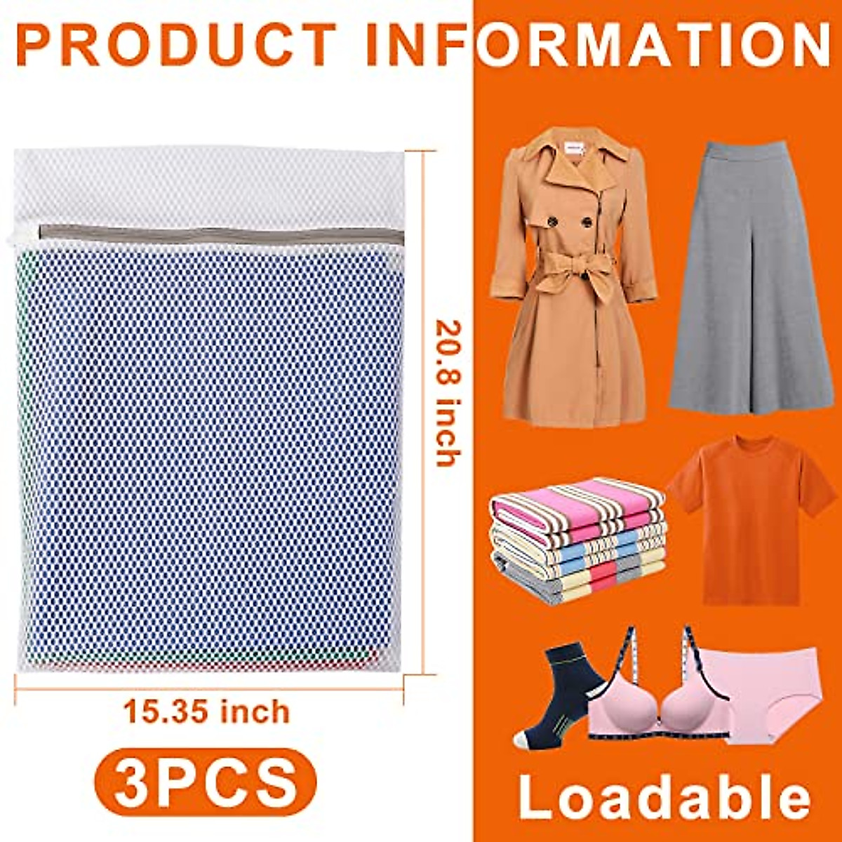 HAOBAOBEI Mesh Laundry Bag for Delicates, 3 Pack 16x20 Inch Durable Travel Laundry Bags, Scrubba Mesh Wash Bag for Laundry, Blouse, Stocking, Bra, lingerie, Garment, Clothes (Standard Medium)