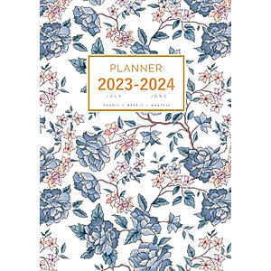 Planner July 2023-2024 June: A4 Large Notebook Organizer with Hourly Time Slots | Vintage Flower Leaf Design White