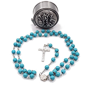 TumiLuben 8mm Turquoise Necklace Rosary Beads Catholic for Woman, Car Rosary for Rearview Mirror with Crucifix and Cross medal with Jerusalem in Gift Box (Carved Rose Metal Box)