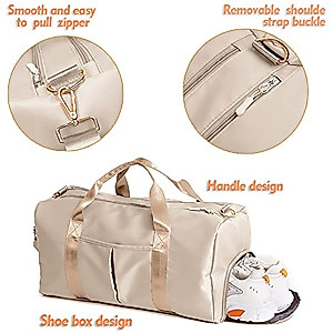 Small Gym Bag for Women and Men, Workout Bag for Sports and Weekend Getaway, Waterproof Dufflebag with Shoe and Wet Clothes Compartments (Beige)