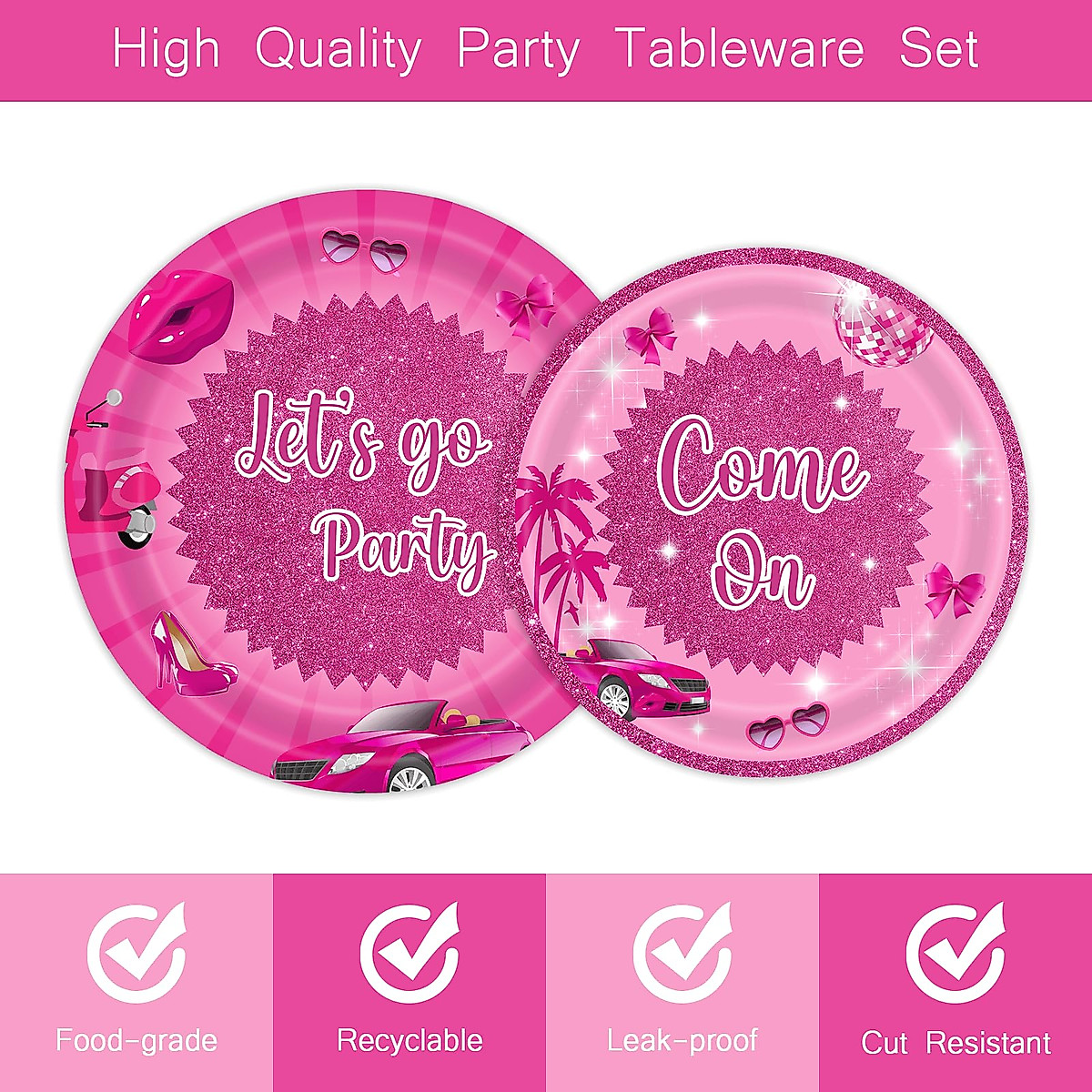 96 Pcs Let's Go Party Pink Plates and Napkins Party Supplies Kids Girls Bachelorette Bridal Shower Hot Pink Princess Happy Birthday Tableware Set Disco Table Decorations Favors Serves 24 Guests