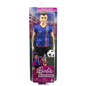 Barbie Soccer Ken Doll with Cropped Hair, Colorful #10 Uniform, Soccer Ball, Cleats & Tall Socks, Soccer Ball 11.5 inches