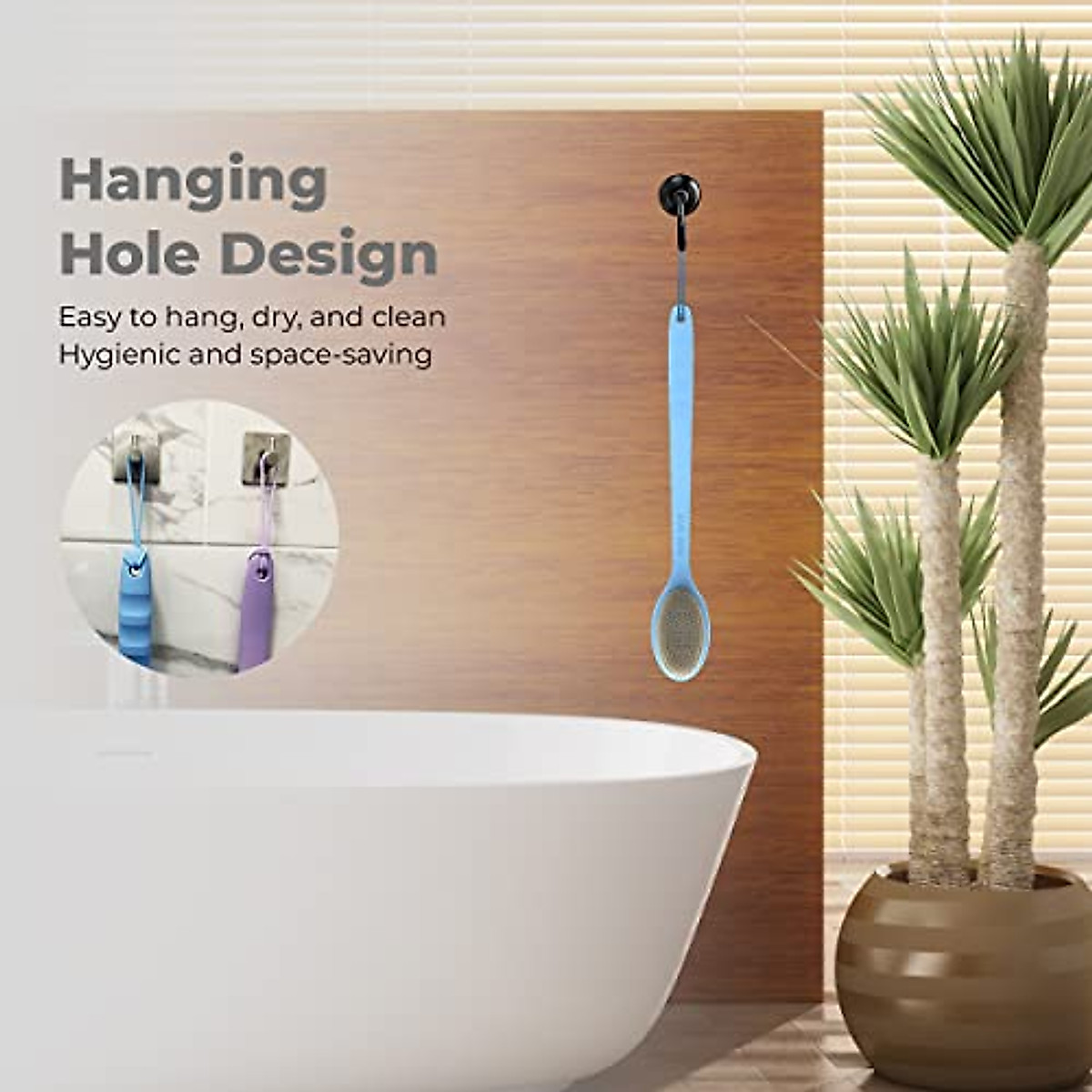 Avilana Shower Body Brush with Long Curved Handle, Long Silicone Handle Back Scrubber With Dual-Sided Long Handle Bath Shower Brush with Soft and Stiff Bristles (Long Handle-Dark Gray)