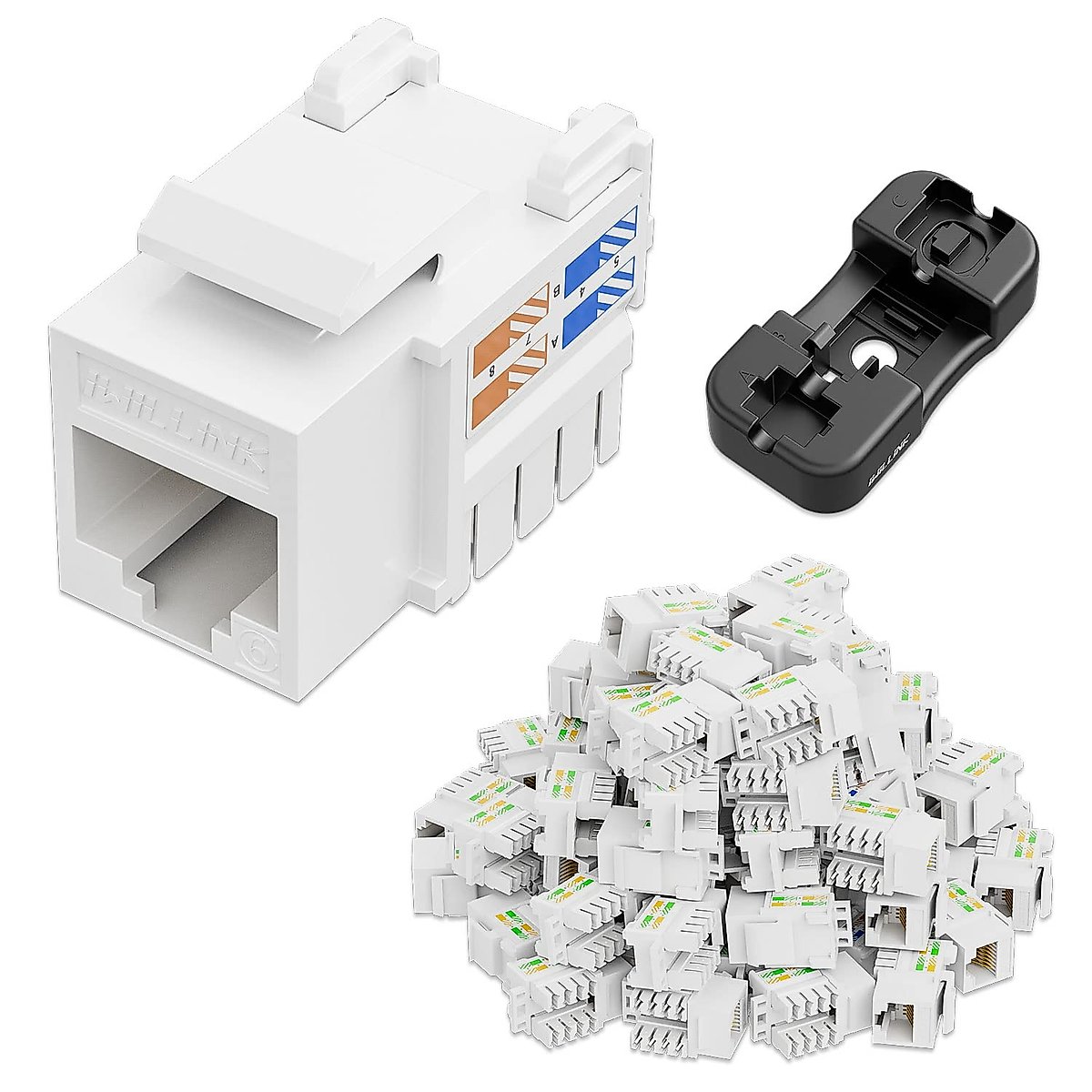iwillink 10Gbps Cat6 Keystone Jack and Punch-Down Stand, 50-Pack, RJ45 Ethernet Keystone Jacks, 90-Degree UTP Modular Punch Down Keystone Jack Adapter, White