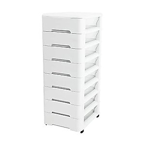 OMNISAFE 8 Plastic Drawers， White Rolling Storage Cart with Sturdy Frame， Storage Tower for Closet, Living Room, Hallway, Dormitory