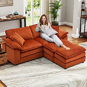 84.6'' Modular Sectional Sofa Cloud Couch for Living Room, Modern Corduroy Double Layer Upholstered Loveseat Sofa, Comfy Sleeper Sofa with Ottoman, 2 Pillows and Detachable Armrest, Orange
