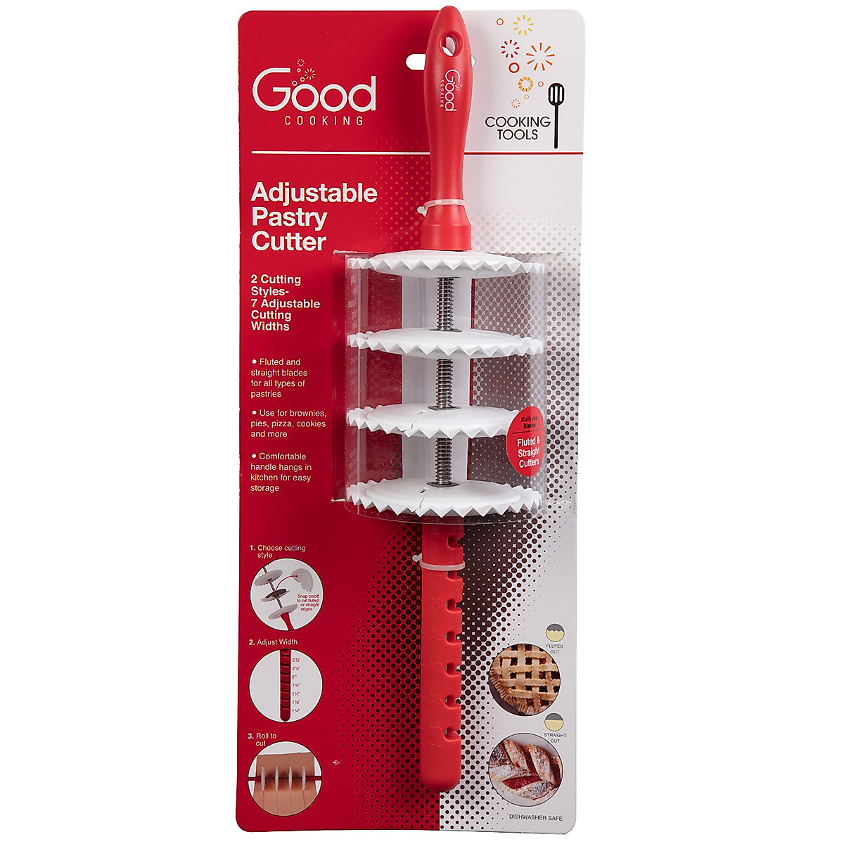 Adjustable Pastry Wheel Cutter w 4 Interchangeable Fluted, Lattice, and Straight Slicers and 7 Width Adjustments