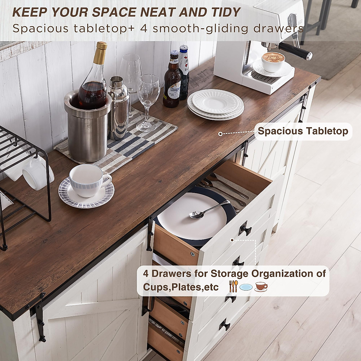 T4TREAM Farmhouse Sideboard Buffet Cabinet with Storage, 60" Large Kitchen Cabinet w/Sliding Barn Doors and 4 Drawers, 31.2'' Tall Wood Coffee Bar Table for Dining Room, Antique White