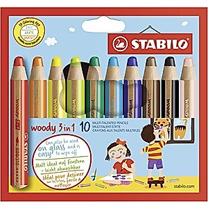 STABILO 880/10 Woody 3-in-1 Multi-Talented Pencil - Assorted Colours, Wallet of 10