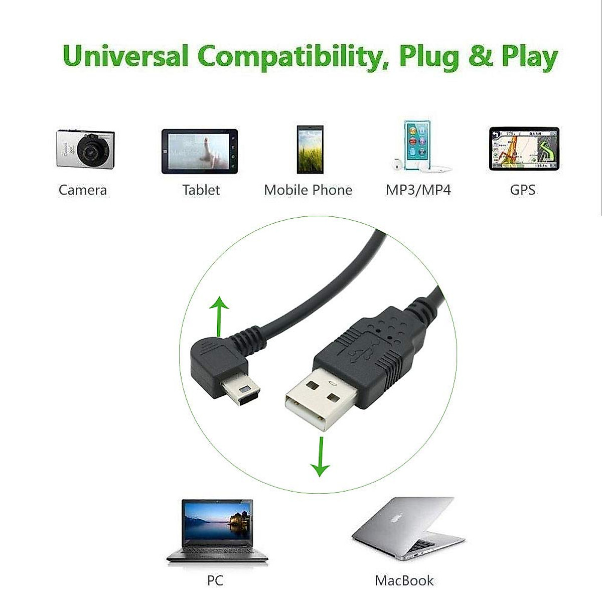 1.64feet Mini USB Right Angle USB A Male to Mini USB B 5Pin Male Charging Cable Adapter Left Angle Data Charge Sync Cable Mini USB Cable - A to Mini B (Left Angle(0.5m/1.64Feet))