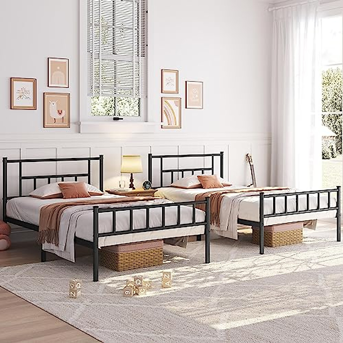 Yaheetech 2 Pcs 13 inch Twin Size Metal Bed Frame with Headboard and Footboard Platform Bed with Storage No Box Spring Needed Mattress Foundation, Black