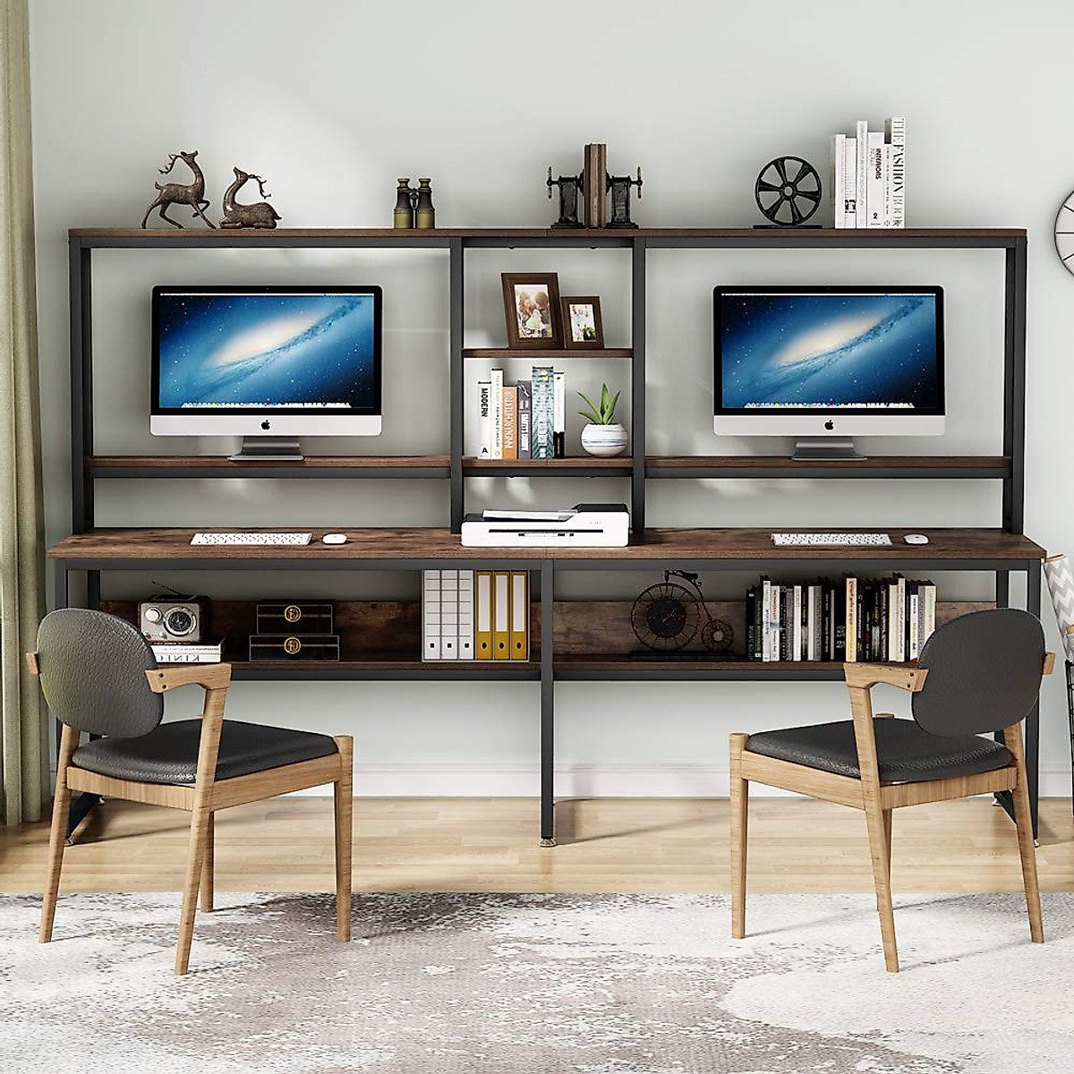 Tribesigns 94.5 inch Two Person Desk with Hutch, Double Workstation Computer Desk with Storage Shelves, Large Industrial Office Desk Study Writing Table with Bookshelf for Home Office, Rustic Brown