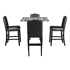 Danxee 5-Piece Counter Height Dining Set Faux Marble Top Counter Height Dining Table Set with 4 Leather-Upholstered Chairs and Bottom Shelf for Bar, Bistro, Dining Room, Kitchen (Gray)