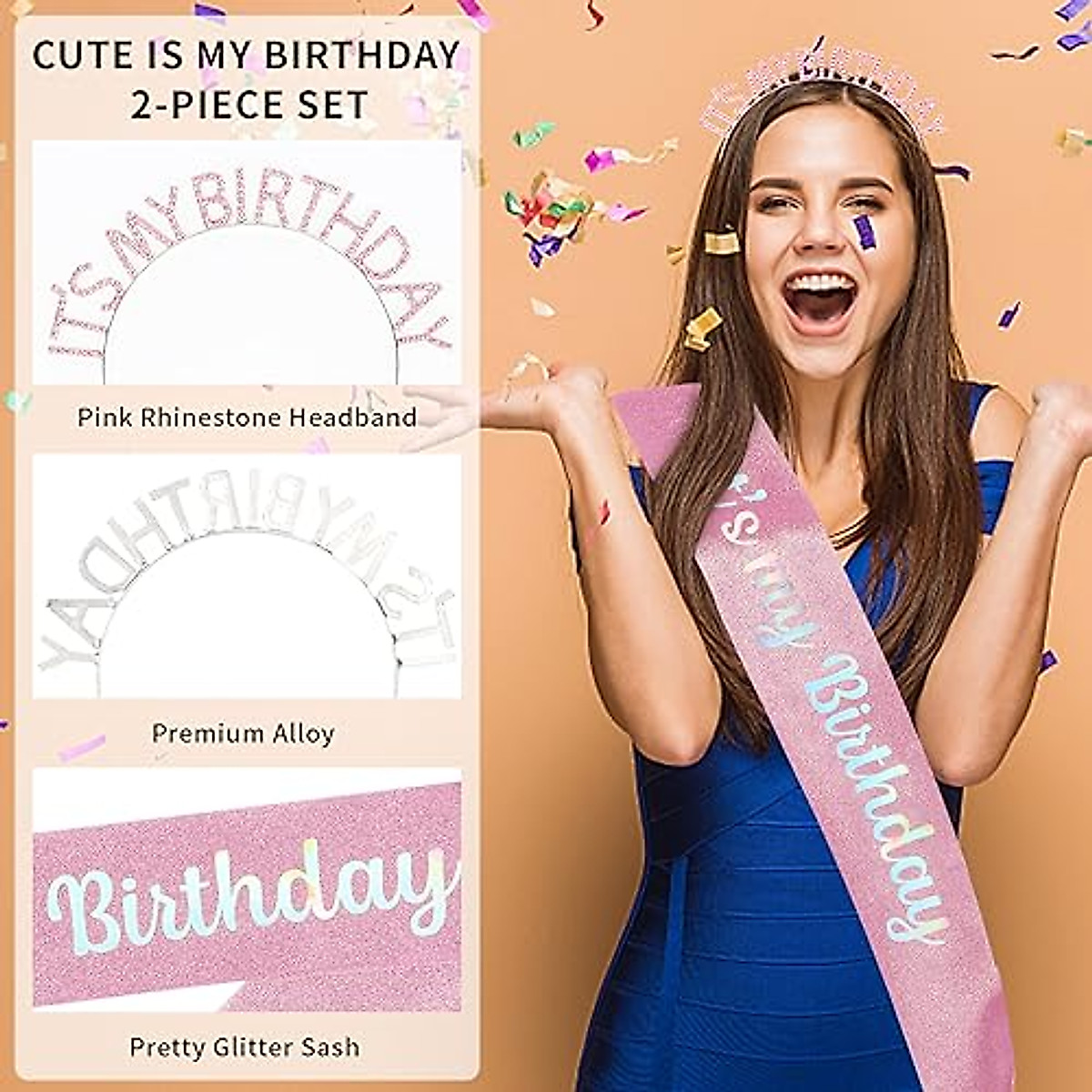 BAHABY It's My Birthday Sash & Headband Set - Pink - Hairband for Party Accessories for Wife, Mom, Sisters, Friends and Family - 2 Piece Set
