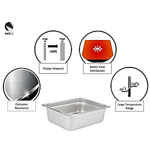 NADDA Anti-jamming 1/2 Size Steam table pan, 6-Pack Stainless steel Pan for Commercial food warmer, Food warmer buffet container, Chafing Dish set, 22 gauge. Baking Pan, Freezer storage. (4" Depth)