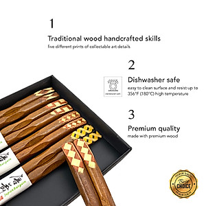 JapanBargain 4515, Bamboo Chopsticks Reusable Japanese Chinese Korean Wood Chop Sticks Hair Sticks 5 Pair Gift Boxed Set Dishwasher Safe (Brown)