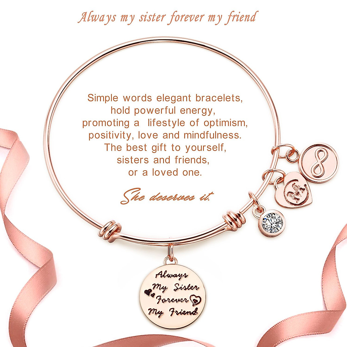 Sister Friend Expandable Charm Inspirational Bangle Bracelets Always My Sister Forever My Friend