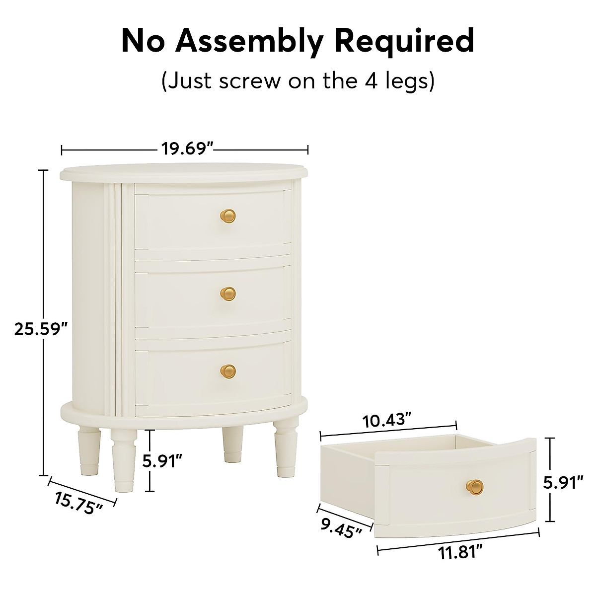 Tribesigns Nightstand with 3 Drawers, Oval Bed Side Table for Bedroom, Fully Assembled, Modern Night Stand with Storage, Wooden Side End Table with Solid Wood Legs for Living Room, Beige White