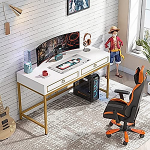 Tribesigns Computer Desk with 2 Drawers, 41.34” Modern Simple White and Gold Writing Desk with Storage Drawers, Makeup Vanity Console Table Study Desk for Home Office