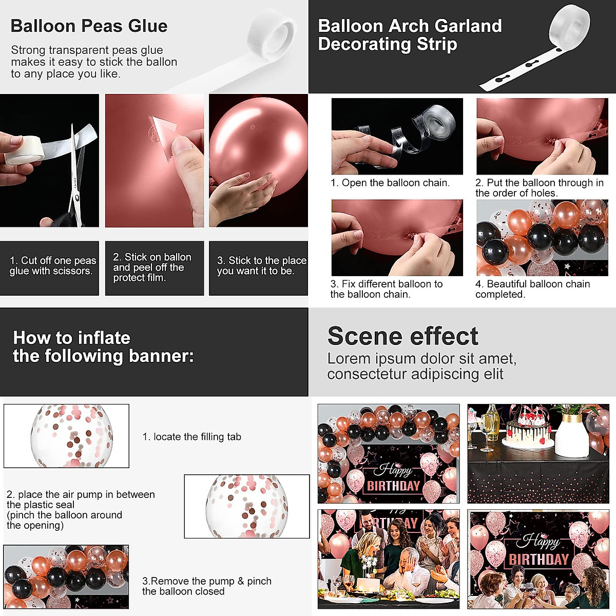 Black and Rose Gold Birthday Party Supplies 57 Pcs Rose Gold Black Balloon Arch Garland Kit Happy Birthday Photography Backdrop Banner Decorations for Women Men Kids Anniversary Birthday Party Decor