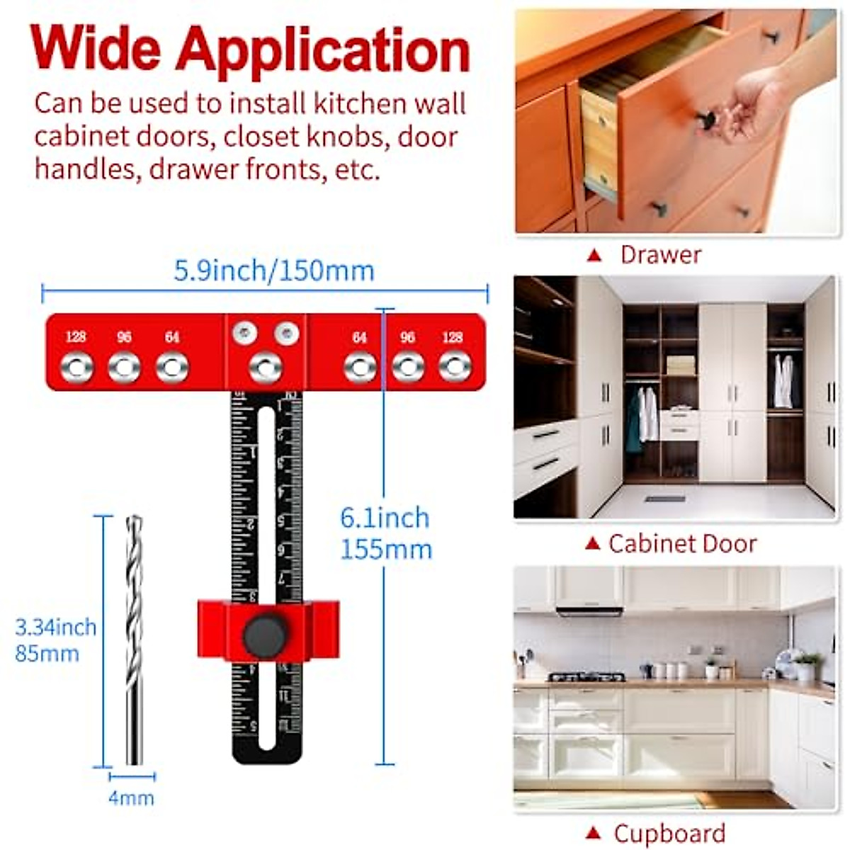 YoHold Cabinet Hardware Jig Tool, Aluminium Alloy Adjustable Cabinet Handle Install Template Tool, Punch Locator Drill Template Guide, Cabinet Hole Drilling Template for Knobs, Handles,Pulls,7 Holes
