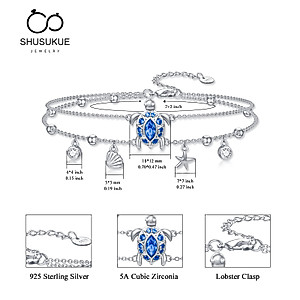 Shusukue Sea Turtle Bracelet 925 Sterling Silver Turtle Layered Bracelet with Shell Starfish Adjustable Crystal Bracelet Ocean Beach Hand Accessory Jewelry for Women 7+2 Inch