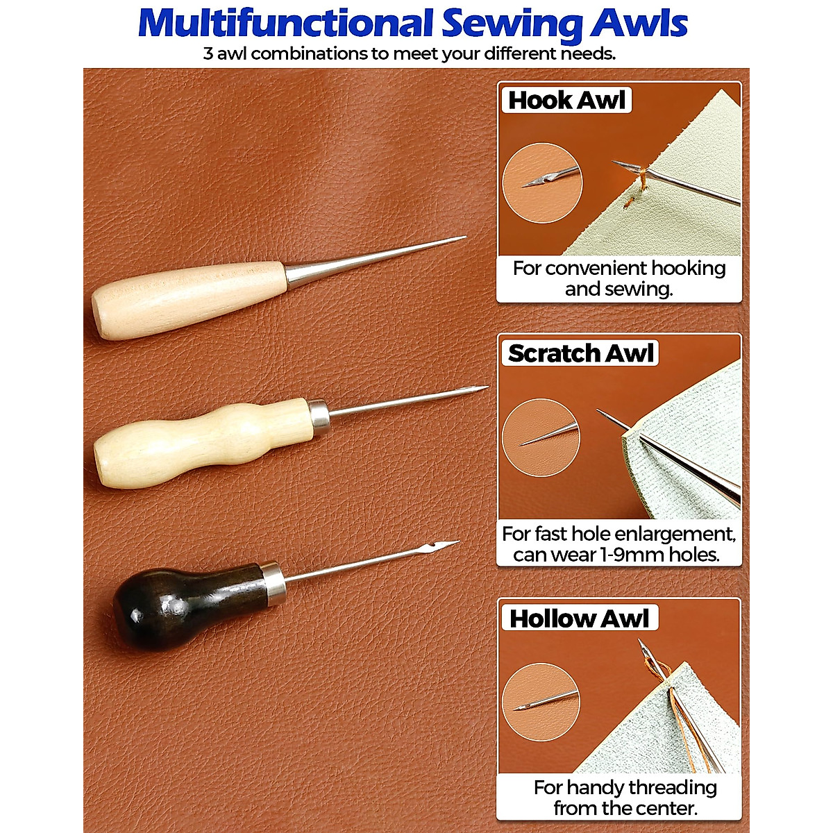 PLANTIONAL 34 PCS Basic Leather Sewing Kit: Upholstery Thread Cord, Leather Waxed Thread with Sewing Awl, Seam Ripper, Tape Measure Large-Eye Stitching Needles for DIY Leather Craft Repair