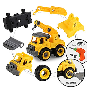NETNEW Take Apart Construction Trucks Toys for 3 4 5 6 Year Old Boys with Electric Drill and Map Kids Stem Building Toy