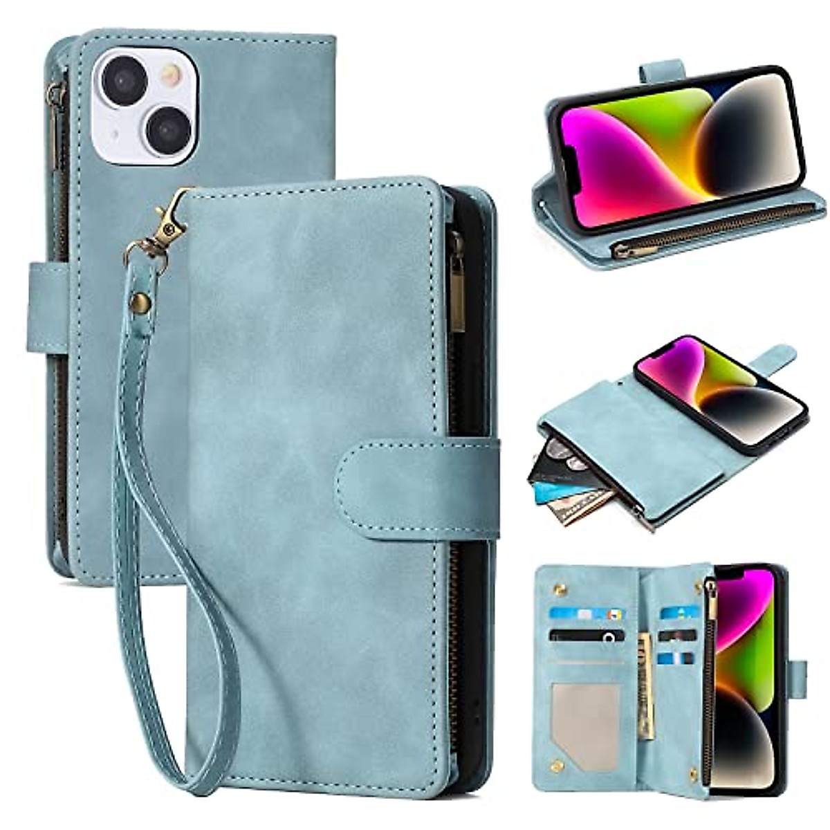 LANYOS for iPhone 13 (6.1 inch) Wallet Case with Card Holder for Women Men，PU Leather Kickstand Zipper Flip Folio RFID Blocking Card Slots Phone Cover with Wrist Strap (Baby Blue)