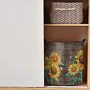 Sunflower Laundry Basket Small 13.8"x17" Waterproof Laundry Hamper, Farmhouse Summer Flower Butterfly Wood Collapsible Toys Blankets Storage Baskets Clothes Hamper for Bathroom Bedroom Living Room