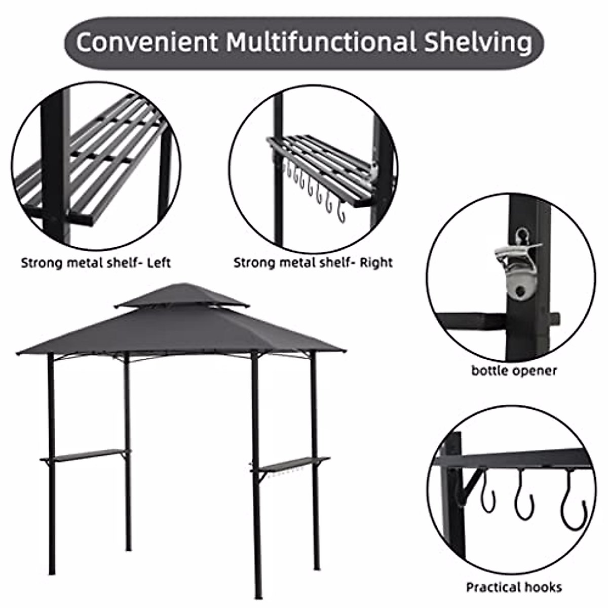 YTYZC 8x5Ft Outdoor Grill Gazebo Light Shelter Tent Double Tier Soft Top Canopy Steel Frame with Led Hook Counters