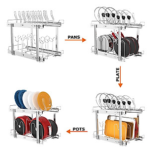 BONADOM Pans and Pots Lid Kitchen Slide Out Pull Cabinet Organizer for Lid Cookware Cutting Board Bakeware Shelf Sliding Wire Rack-2 Tier Heavy Duty Under Sink 11”W x 21”D x 19.09”H