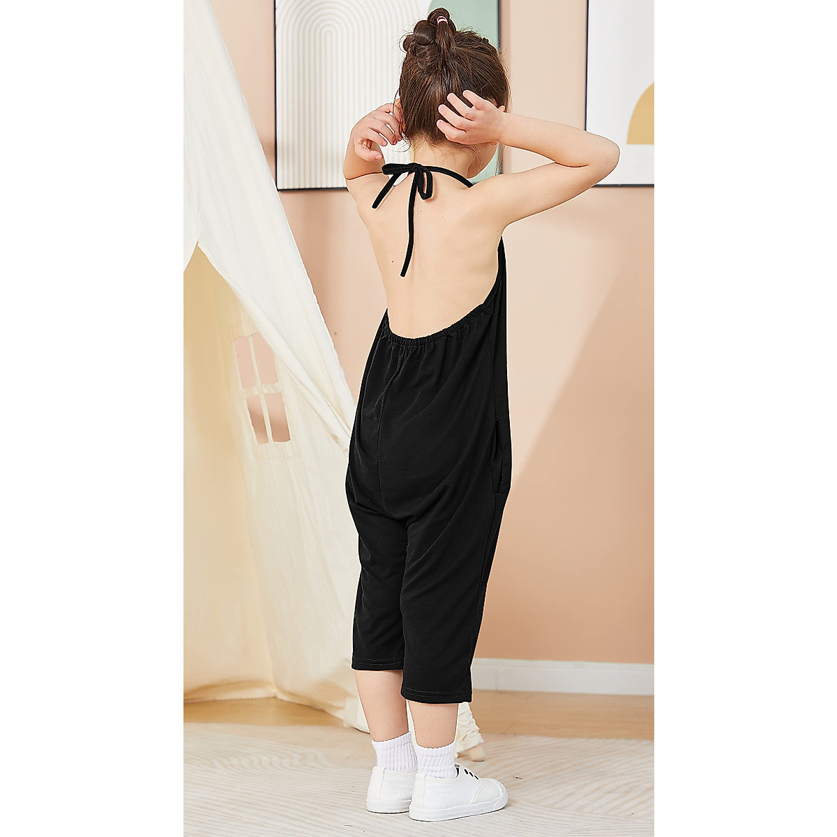 Darkyazi Baby Summer Jumpsuits for Girls Kids Cute Backless Harem Strap Romper Jumpsuit Toddler Pants Size 2-8Y (5T, Black)