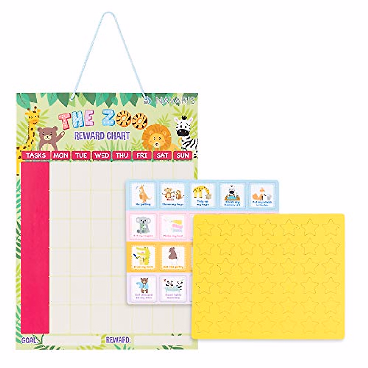 Navaris Kids Magnetic Reward Chart - Behavior Rewards Weekly Bedtime Chore Home Planner for Children - with Stars, Activity Magnets, Pen - Zoo Design