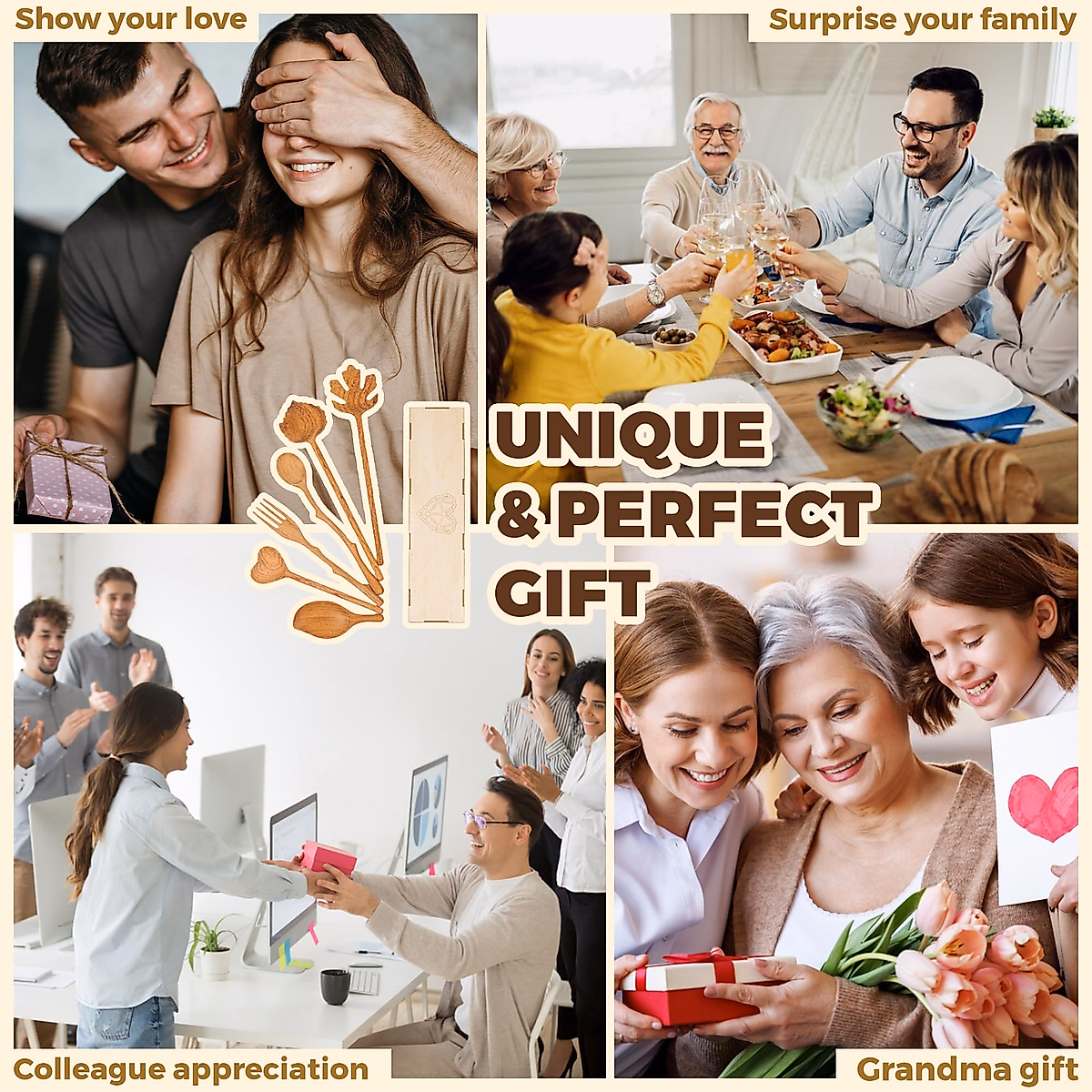 Natural Wooden Spoons and Forks Set (Set of 6), Valentines Day Gifts for Her, Cooking Gifts for Mom, Hostess Gifts,Happy New Year Gifts, Easter Gifts for Mom